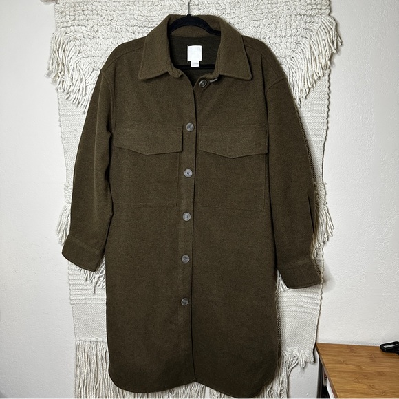 H&M | Jackets & Coats | Hm Dark Green Oversized Long Shacket Shirt ...